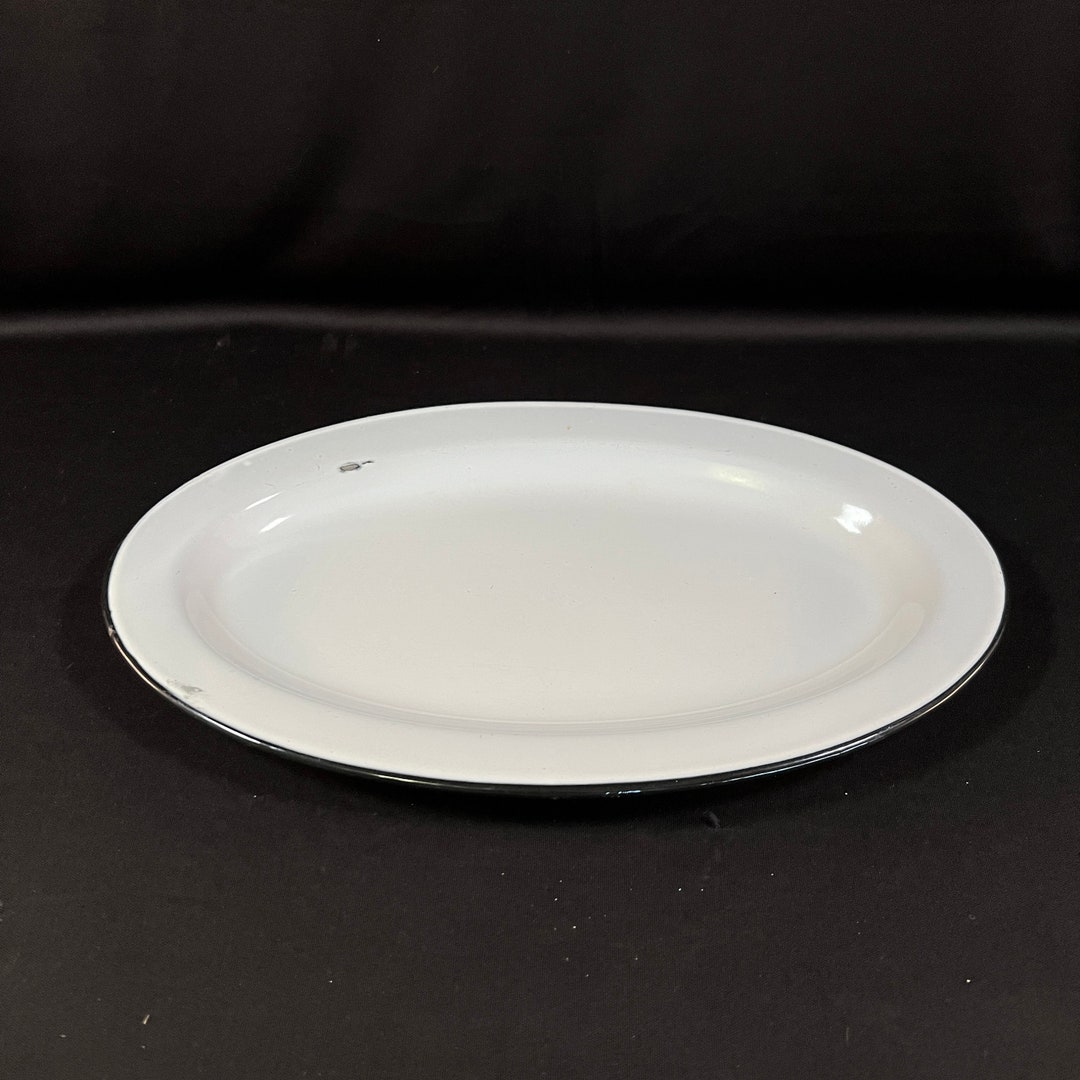 Oval Oblong White Enamelware Tray With Black Edge, 14 X 9 Rustic Old ...