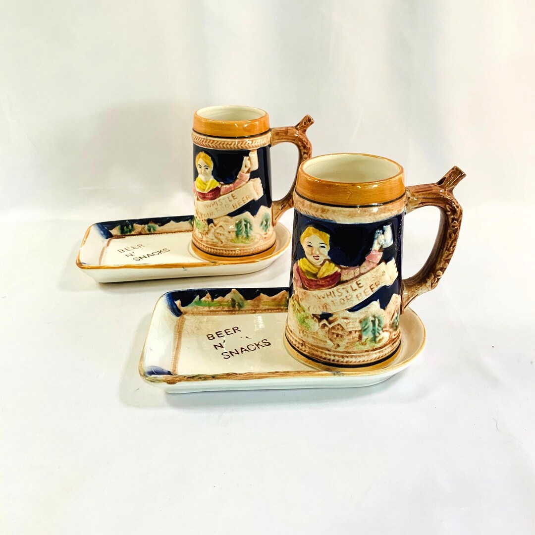 2 Beer Steins and Plates, Unique Sets, Ceramic Beer Stein Sets, 4 ...