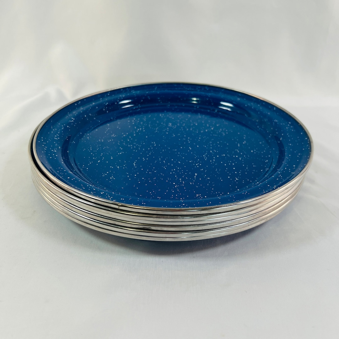 6 Enamelware Dinner Plates, Deep Dish Design, Blue With White Speckles ...
