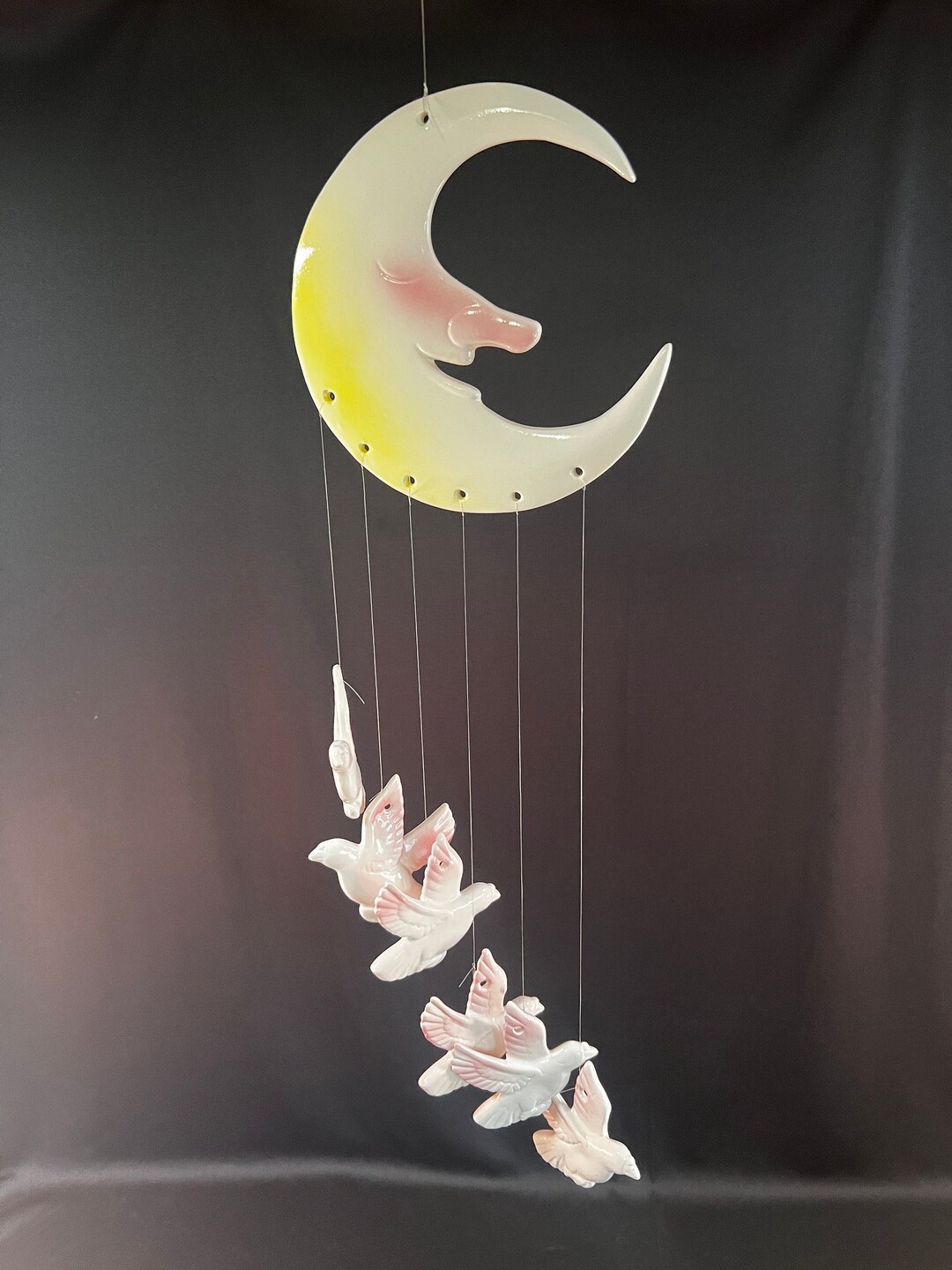 Whimsical Man in the Moon Wind Chime With 6 Birds, Heavy Nice Ceramic ...