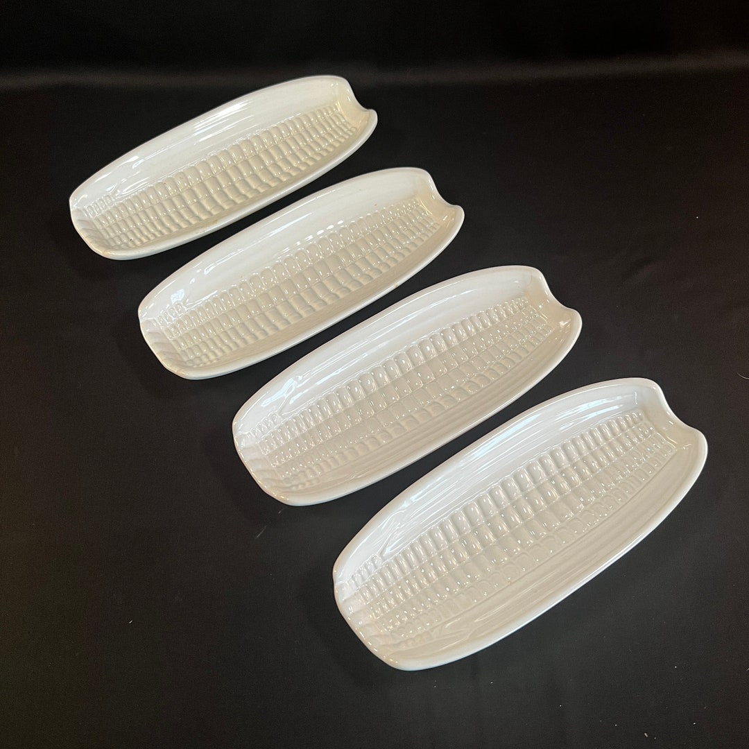 Set of 4 White Ceramic Corn Cob Dishes, Complete Set, Textured Corn Cob ...