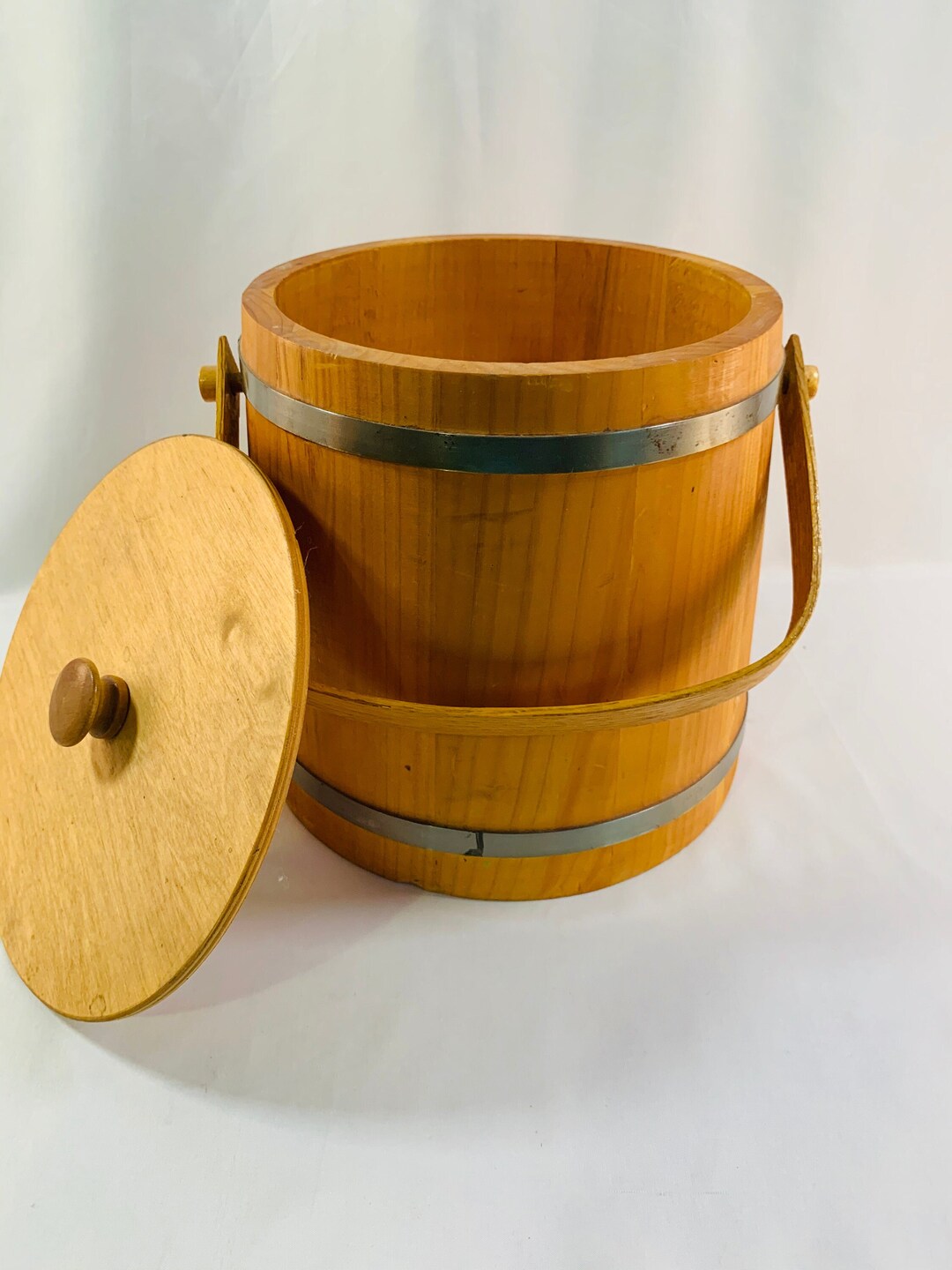 Firkin Wood Barrel Bucket With Handle and Lid, Features 2 Metal Bands ...