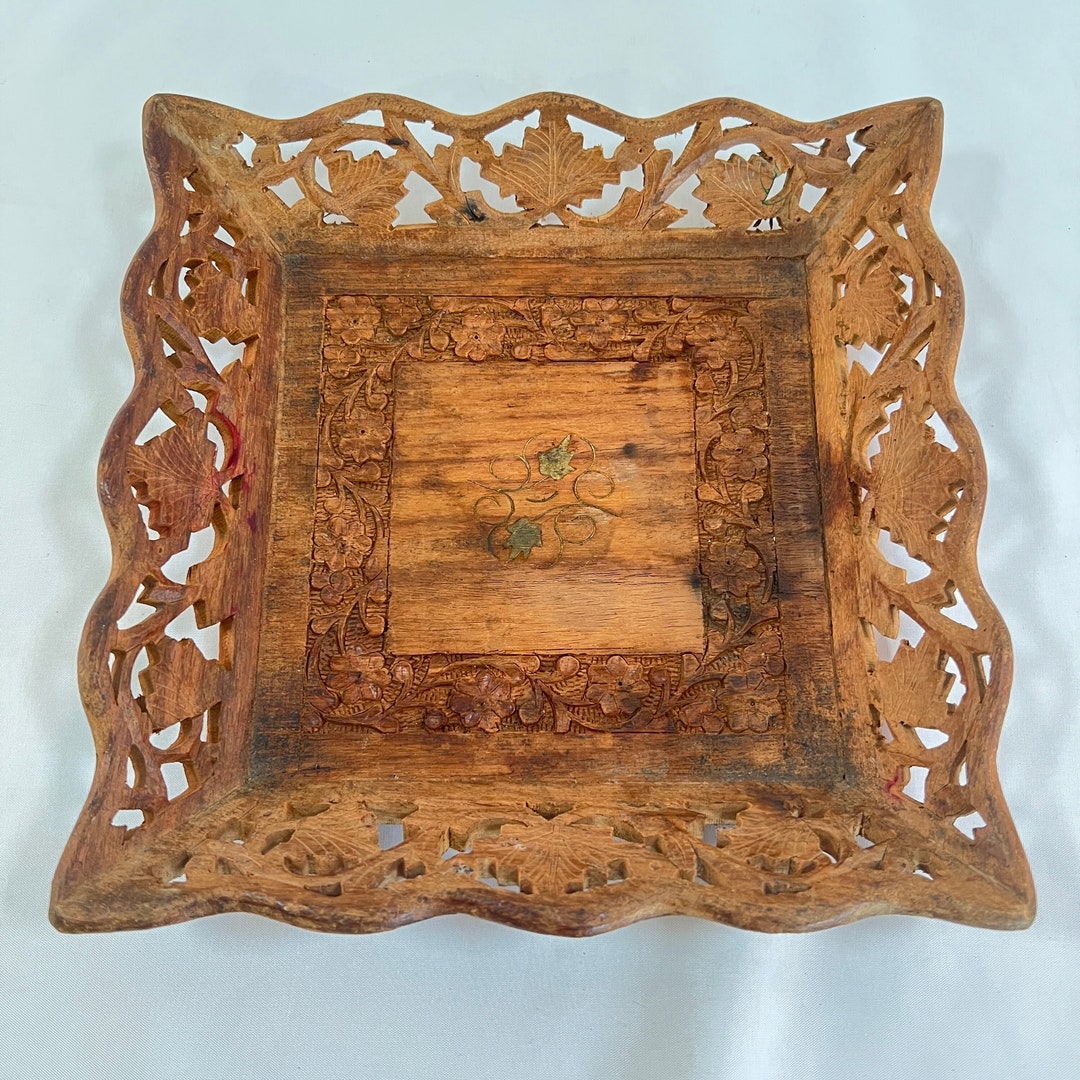 Vintage Wood Carved Inlay Brass Tray, Beautiful Design, Detailed Carved ...