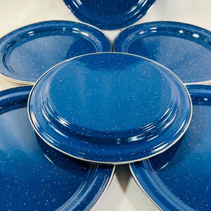 6 Enamelware Dinner Plates, Deep Dish Design, Blue With White Speckles ...