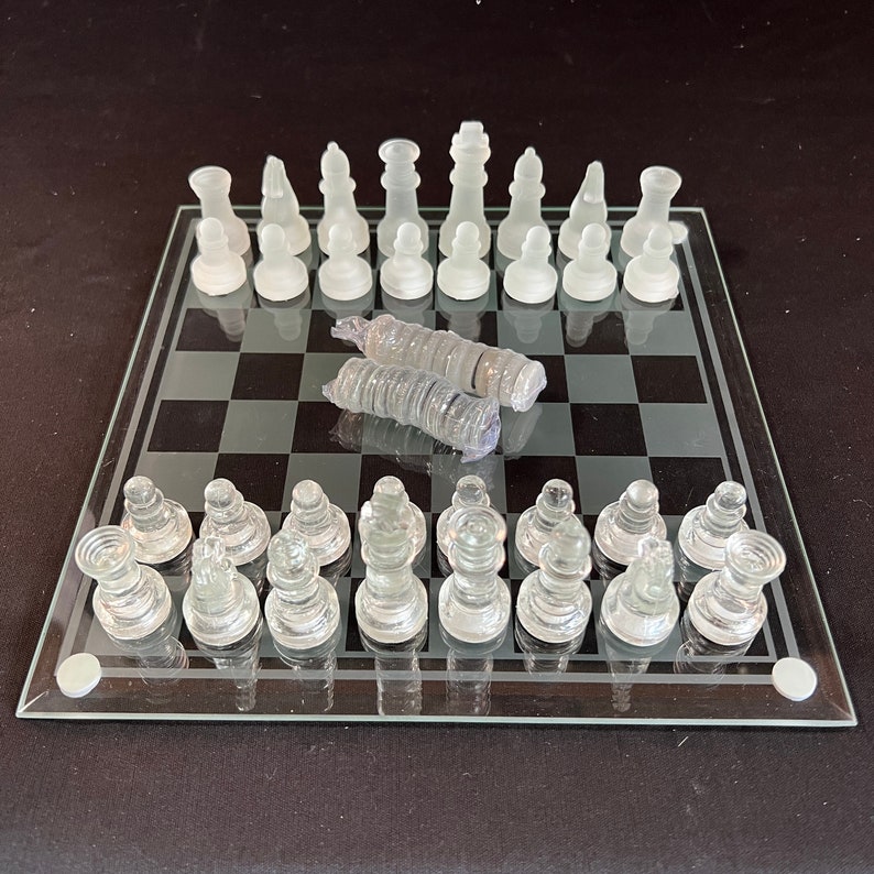 Glass Chess Board With Clear/frosted Chess/checker Pieces - Etsy