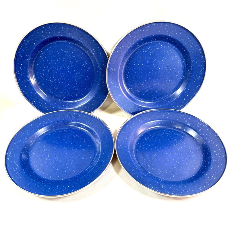 4 Blue Enamelware Dinner Plates, Deep Dish Design, Blue With White ...