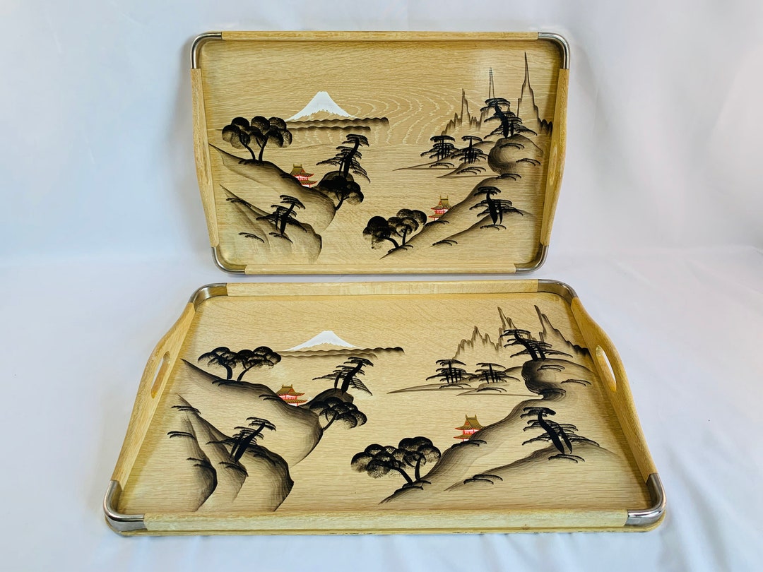 Set of 2 Hand Painted Asian Print Wood Trays With Silver Metal Corners ...