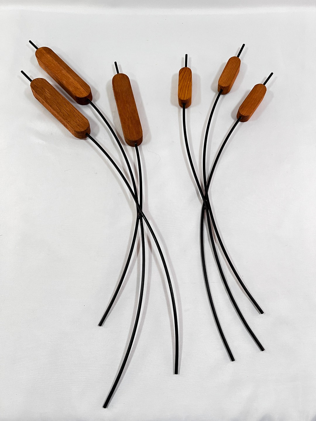 Vintage Wood Cattails Wall Mount Piece, 2 Set of Wood Cattails on Black ...