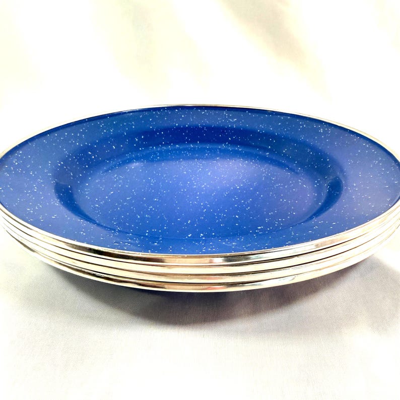 4 Blue Enamelware Dinner Plates, Deep Dish Design, Blue With White ...