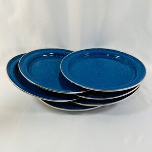 6 Enamelware Dinner Plates, Deep Dish Design, Blue With White Speckles ...