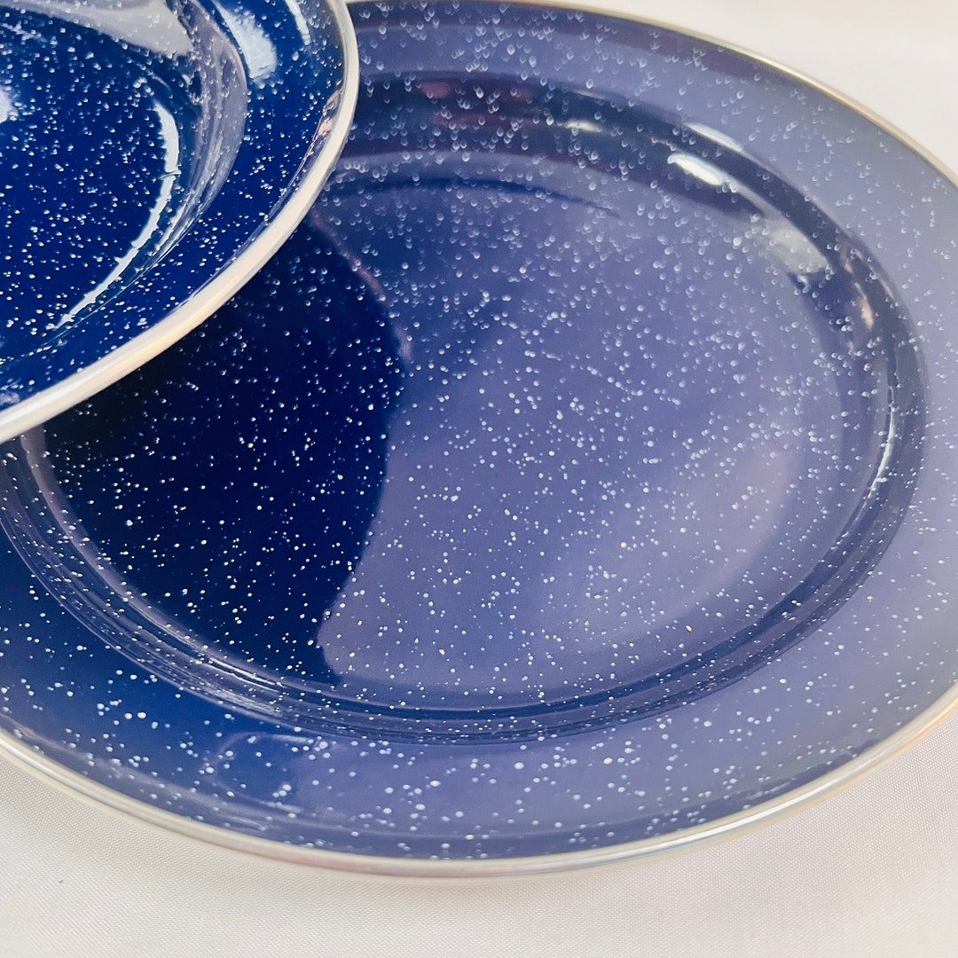 4 Blue Enamelware Dinner Plates, Deep Dish Design, Blue With White ...