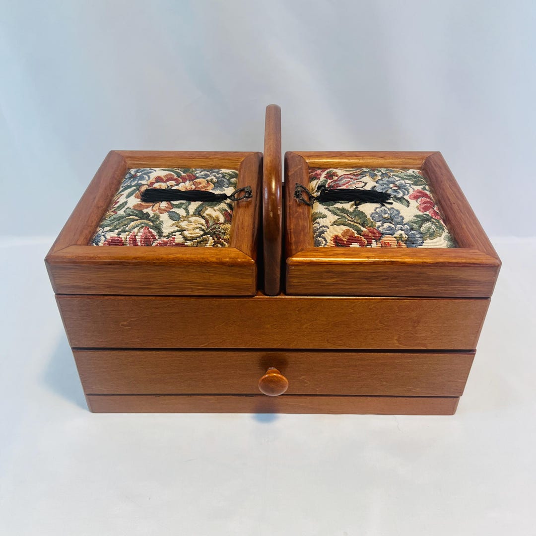 Vintage Powell Wood Sewing Storage Box, Tapestry Top, Great Used ...