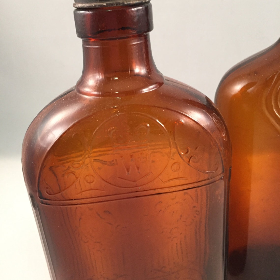Reduced Antique Vintage Brown Glass Bottles With Metal Etsy