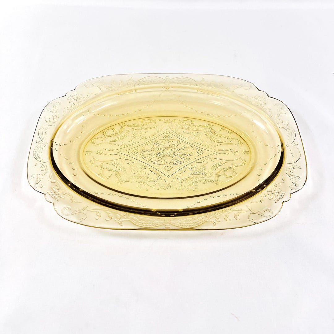 Topaz Amber Oblong Depression Glass Platter, Madrid Pattern Yellow ...