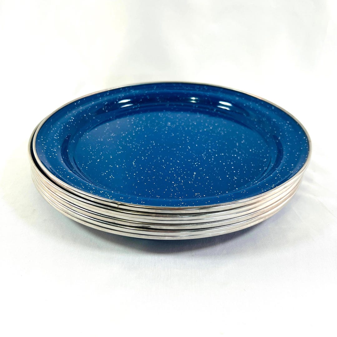 6 Enamelware Dinner Plates, Deep Dish Design, Blue With White Speckles ...