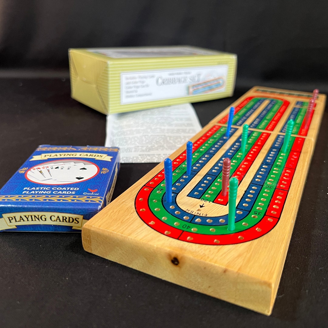 Wood Cribbage Board Game in Original Box With 6 Plastic Pegs, Deck of ...