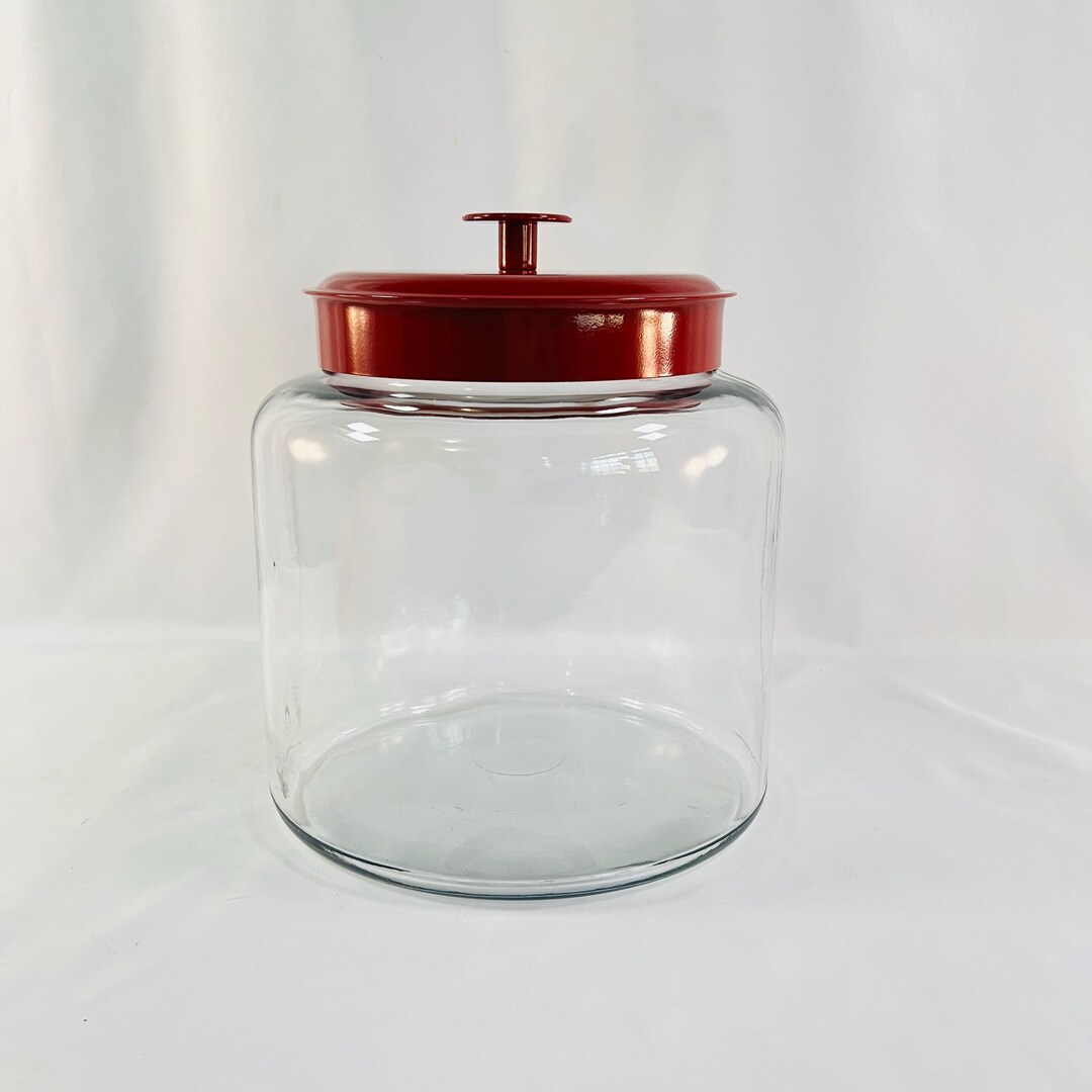 Large Glass Jar/canister With Red Metal Lid, Heavy Sturdy Jar, 8-1/2 ...