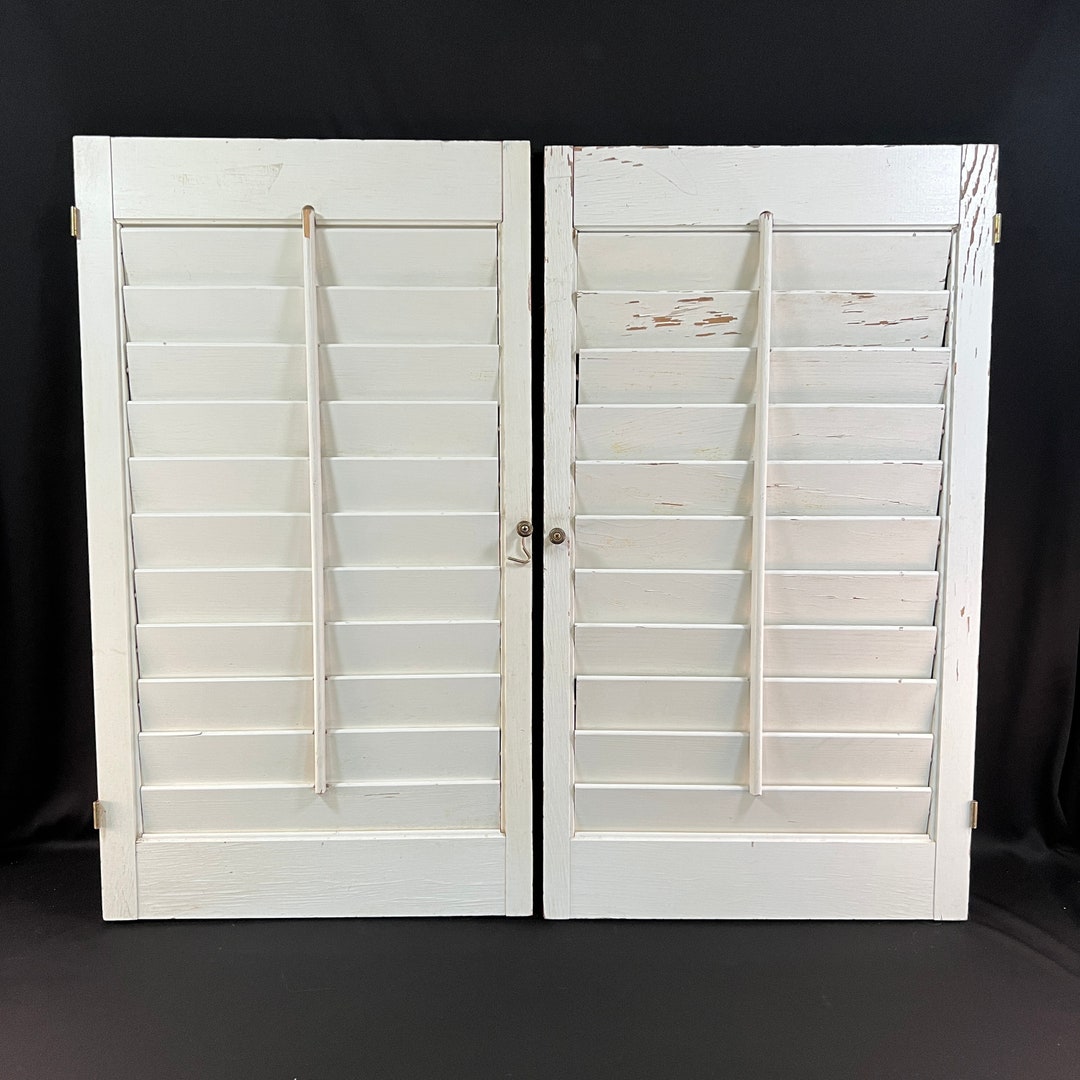 Set of 2 Painted Wood Shutters With Movable Louvers, Closure Latch and ...