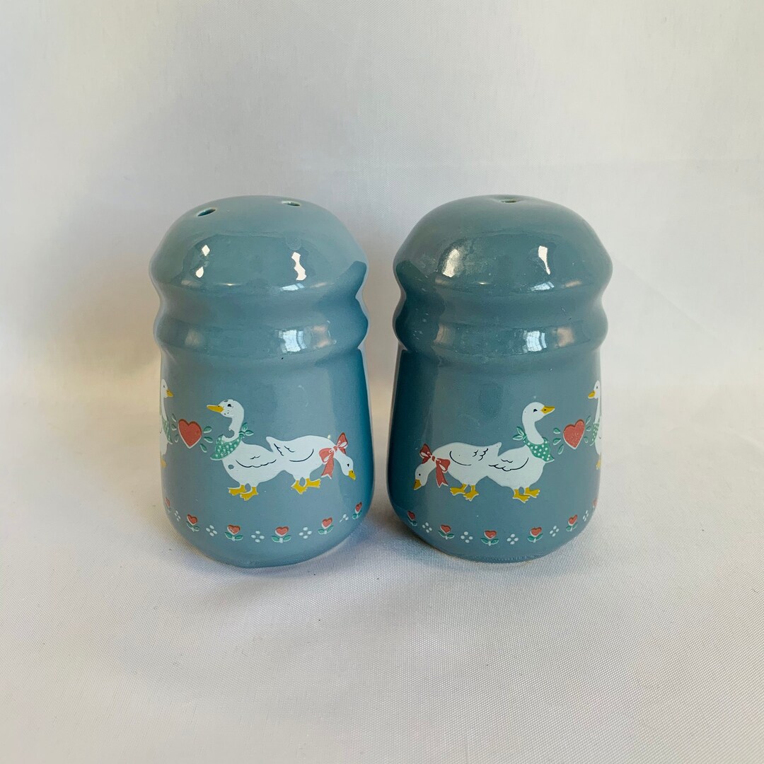 Set of Adorable Goose Salt and Pepper Shakers, Blue With Flower Border ...