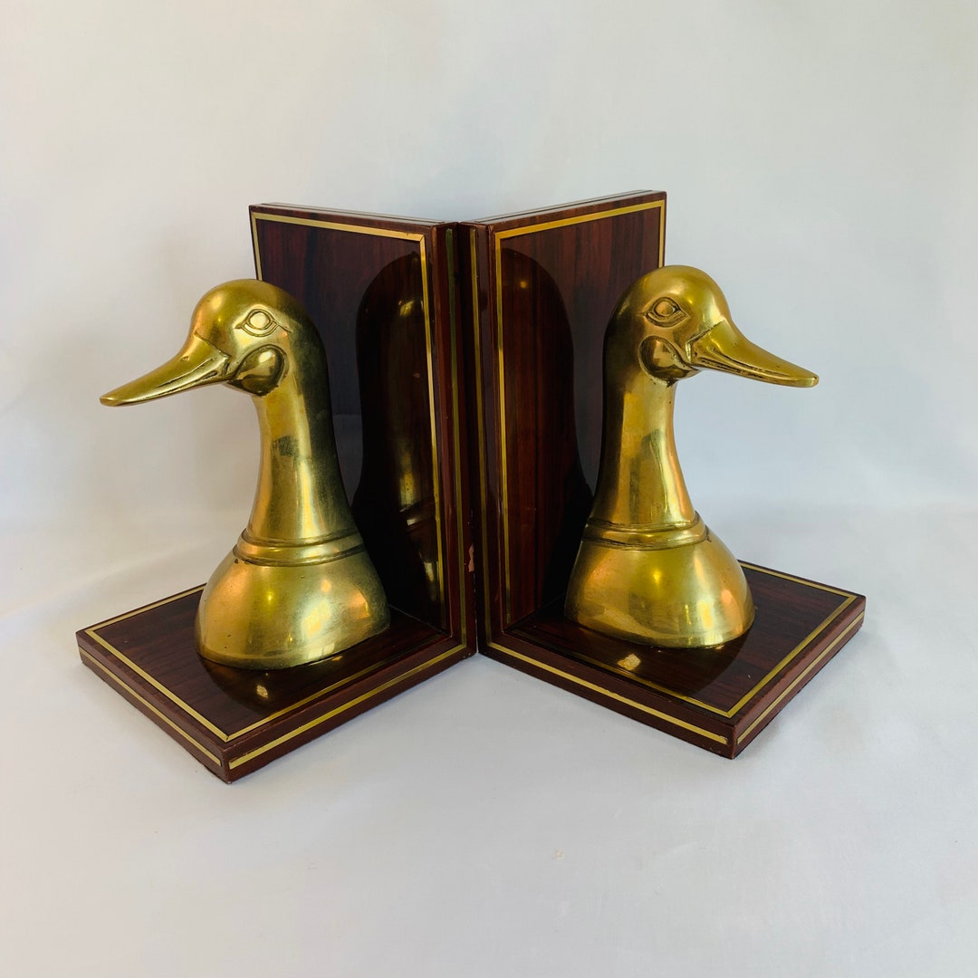 REDUCED - A Set of Brass Duck Bookends Set on Beautiful Wood With Brass ...