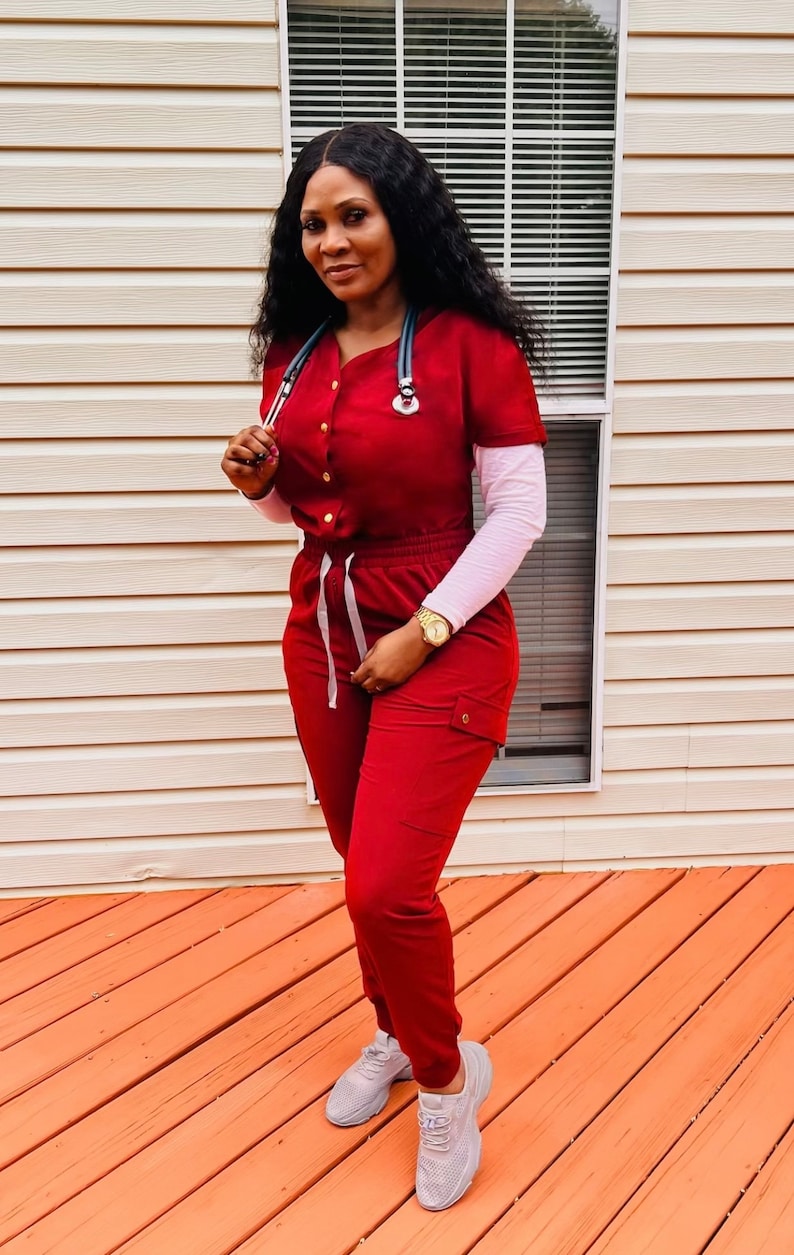 Burgundy Front Button Jumpsuit Scrub - Etsy
