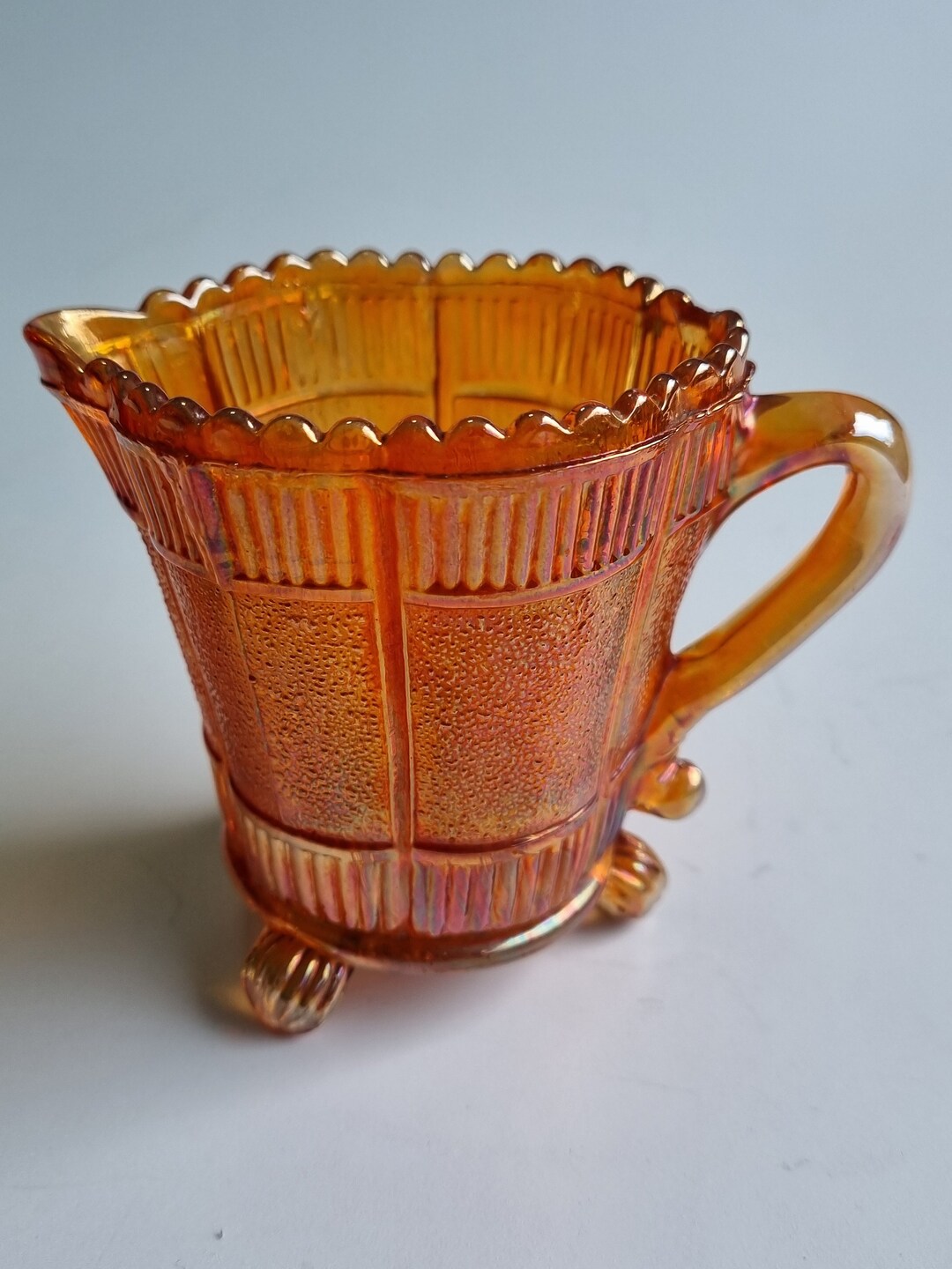 Unusual Vintage Amber Carnival Glass Jug. Irridescent. 3 Legged. Fluted ...