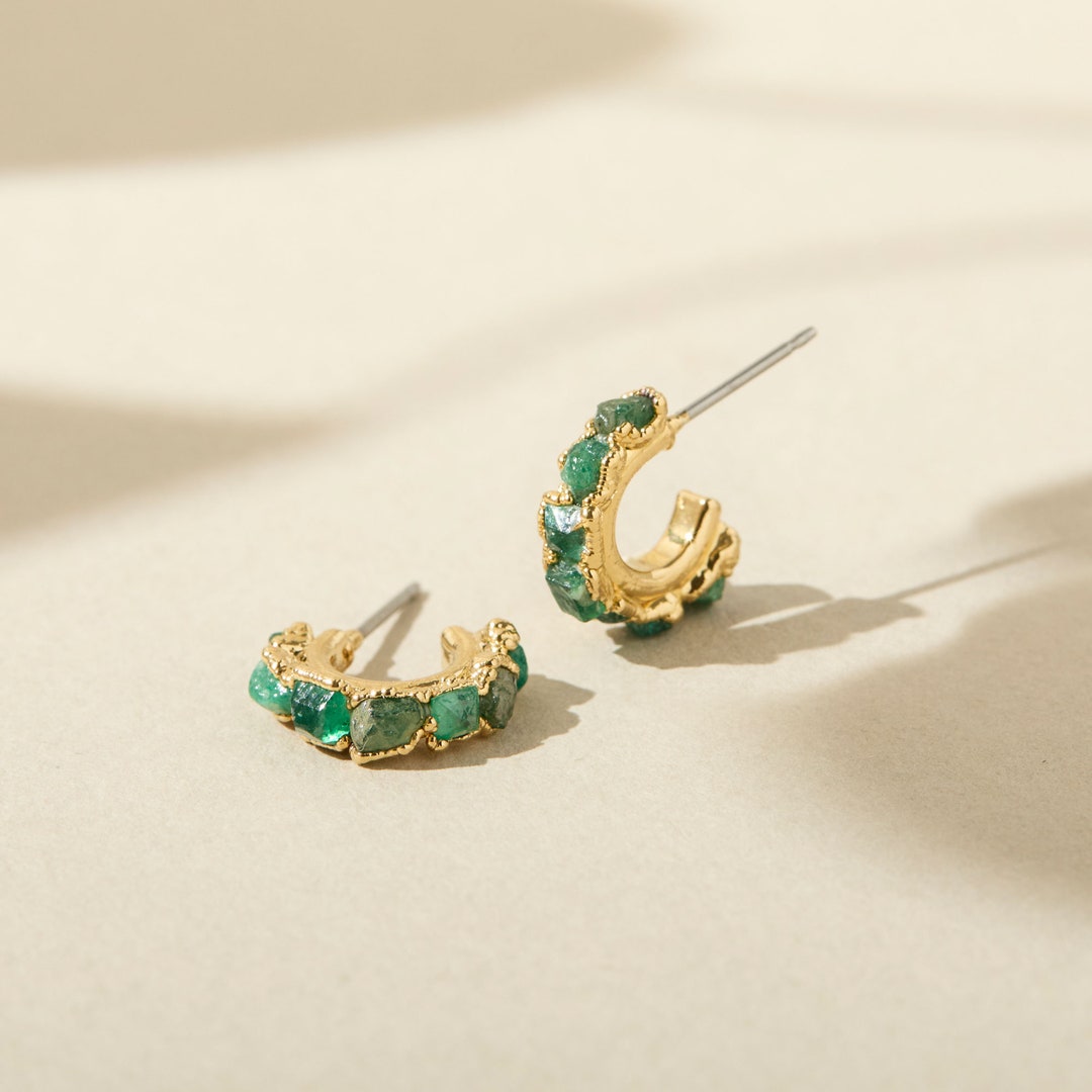 Emerald Huggies, Raw Emerald Hoop Earrings, Genuine Emerald Baguette ...