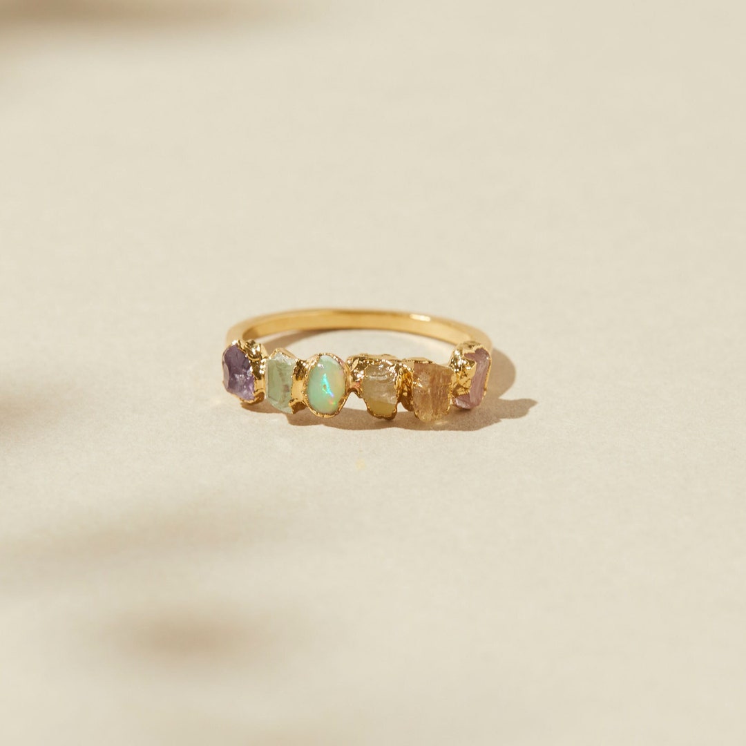 Pastel Rainbow Gemstone Ring, Handmade Crystal Jewelry, Raw Opal Ring, Topaz Ring, Birthstone ...