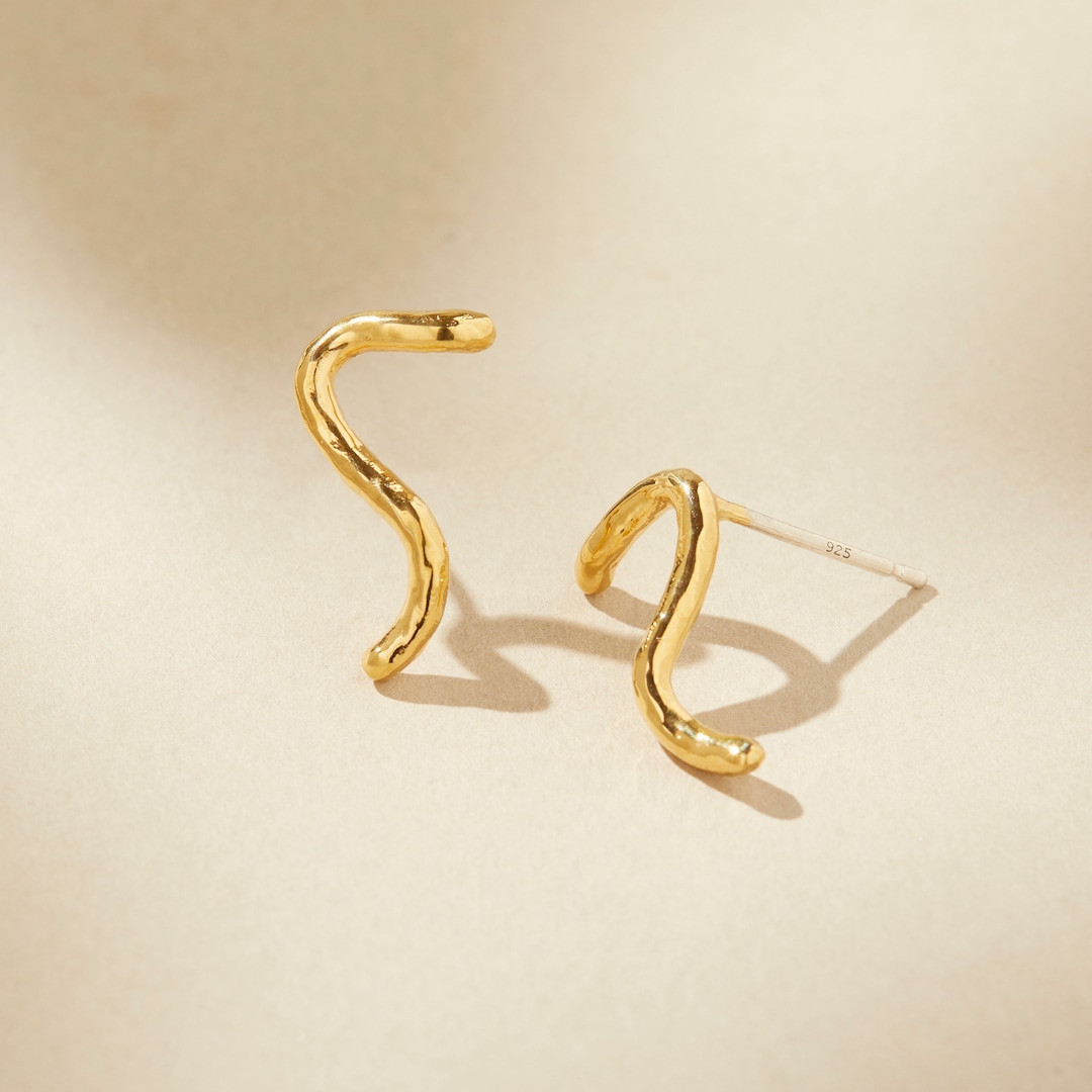 Gold Squiggle Stud Earrings, Hammered Ear Climbers, Minimalist Silver ...