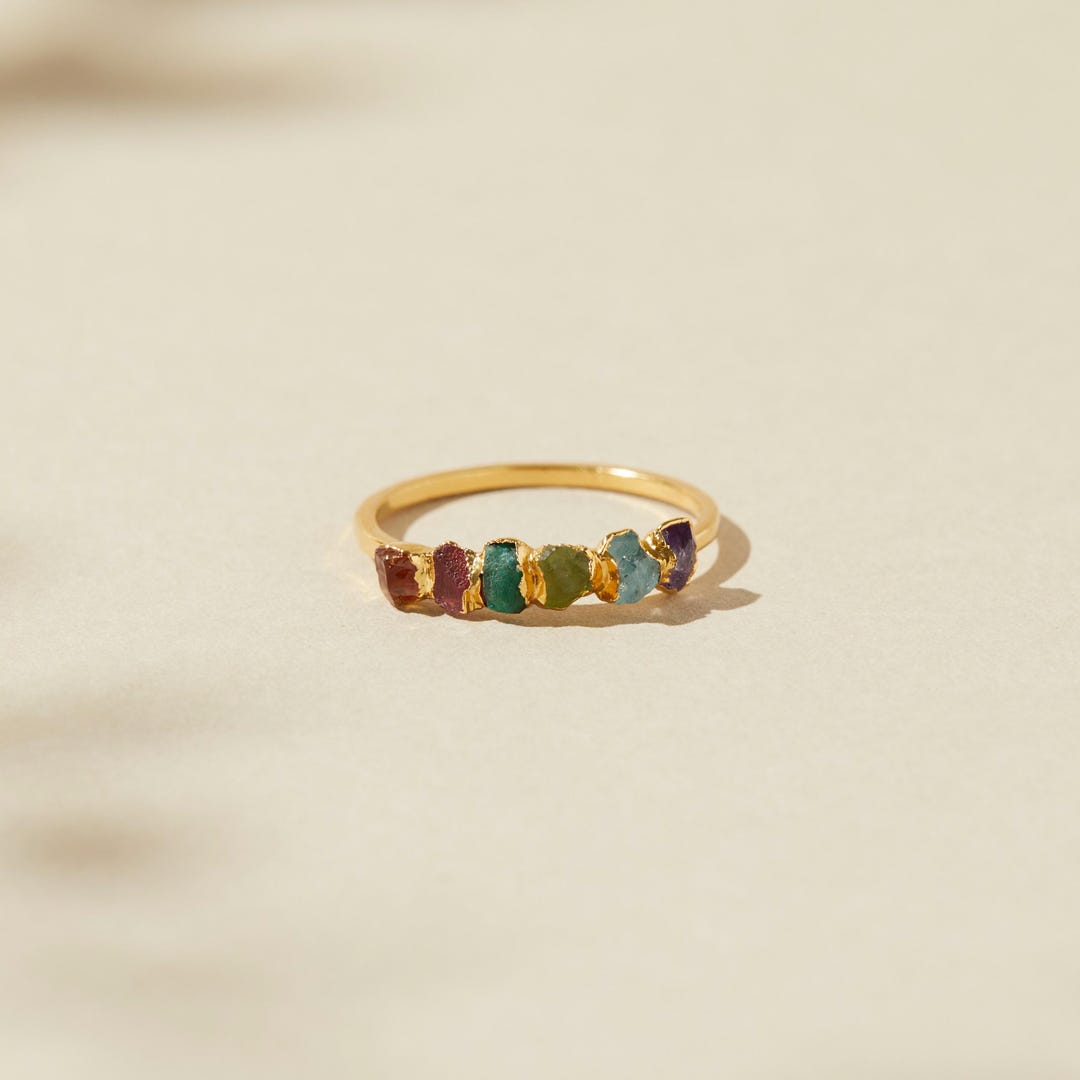 Rainbow Ring, Colorful Raw Stone Ring, Emerald Birthstone Ring, Rainbow ...
