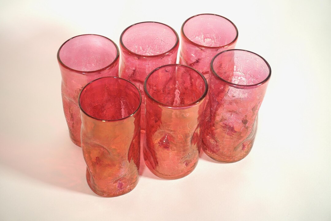 Pink Blenko Crackle Pinch Dimple Glasses - Set of 6 Tall MCM Drinking ...