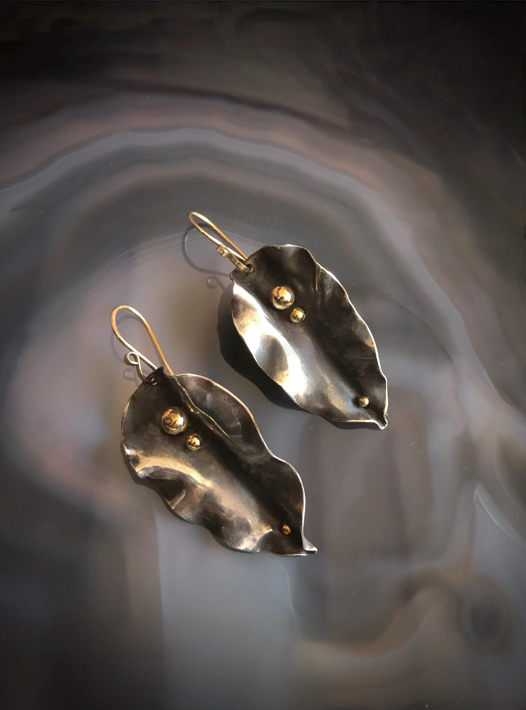 ARTISAN LEAF EARRINGS Anti-clastic Hand Forged Sterling & 14K Gold ...