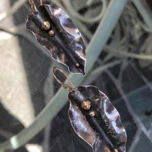 ARTISAN LEAF EARRINGS Anti-clastic Hand Forged Sterling & 14K Gold ...