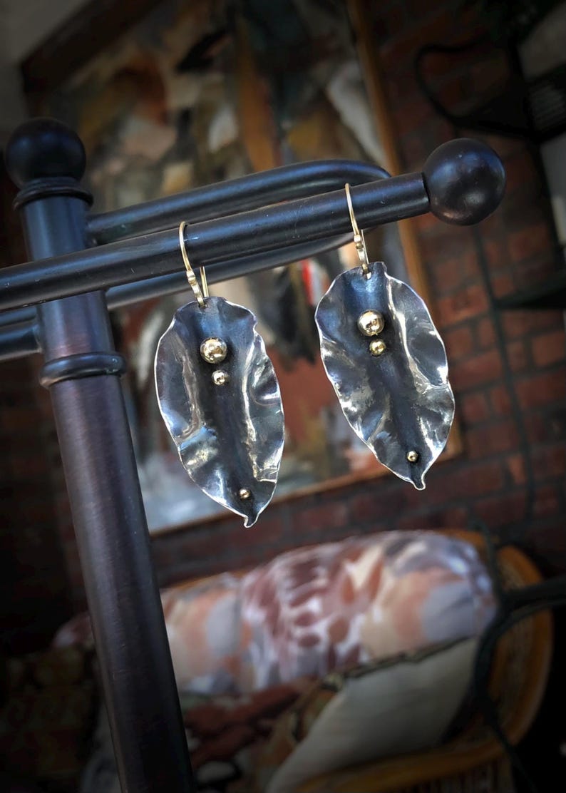ARTISAN LEAF EARRINGS Anti-clastic Hand Forged Sterling & 14K Gold ...