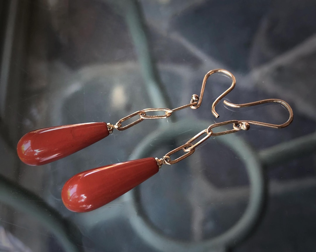 Genuine JASPER Teardrop Articulated Long Dangle Earrings / 14K Gold ...