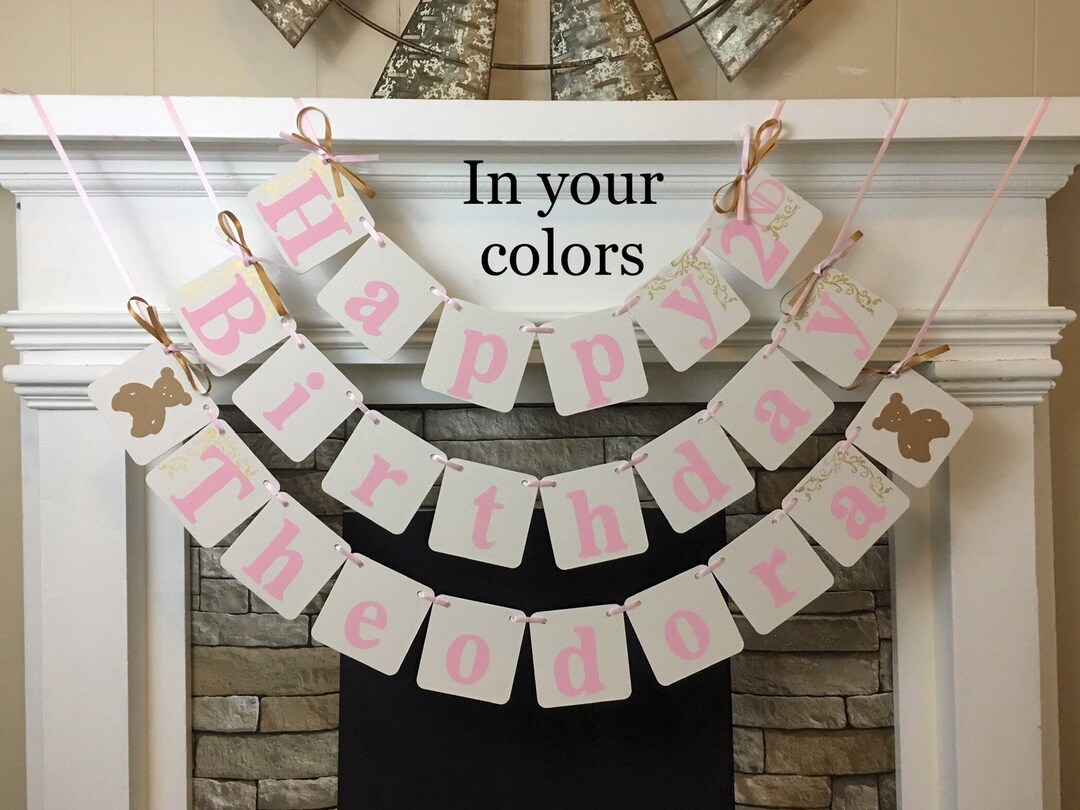 Teddy Bear Birthday Party Name Banner Pink Gold Teddy Bear Decorations ...