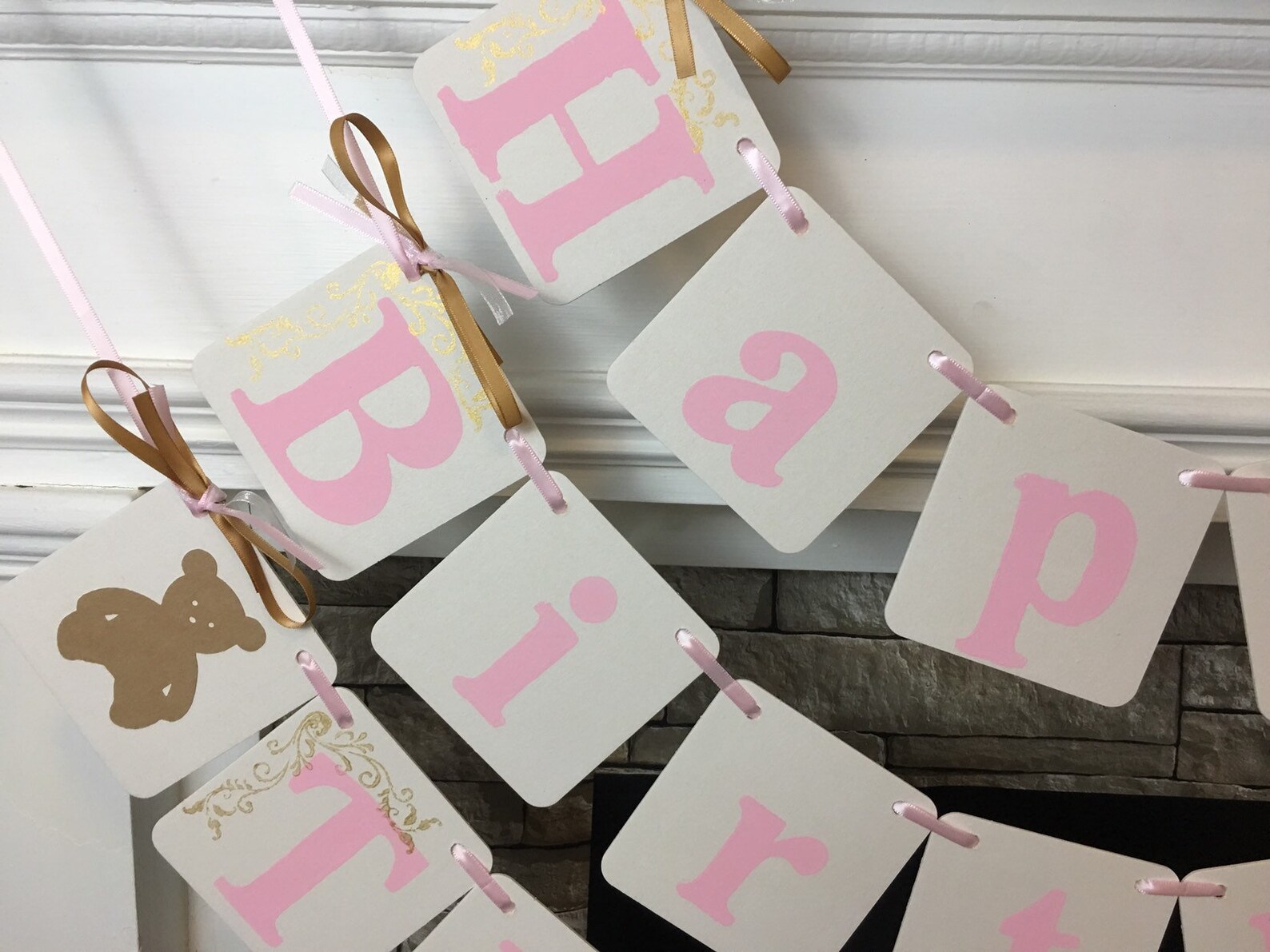 Teddy Bear Birthday Party Name Banner Pink Gold Teddy Bear - Etsy