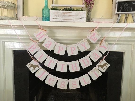Horse Birthday Party Name Banner Pink Gold Horse Decorations
