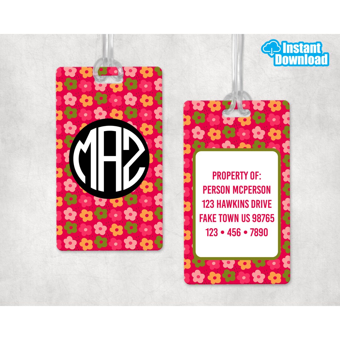 Retro Flowers Monogram Luggage Tag Template • ID Tag • Sublimation PNG ...