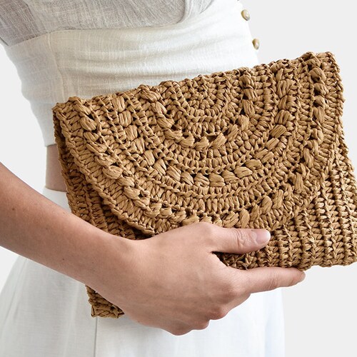 Crochet Raffia Clutch in Tan Straw Summer Bag Raffia Clutch - Etsy