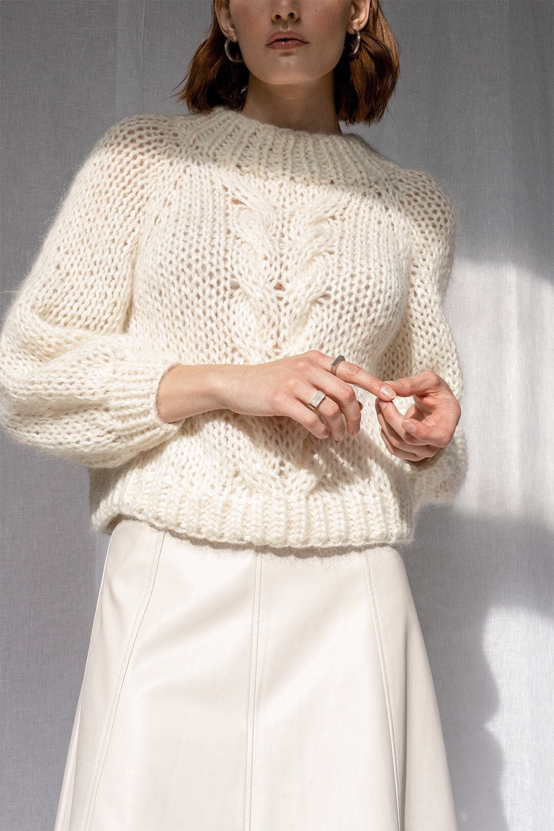 Chunky Braid Sweater in Cloud — Hand Knit Mohair Cropped Pullover ...