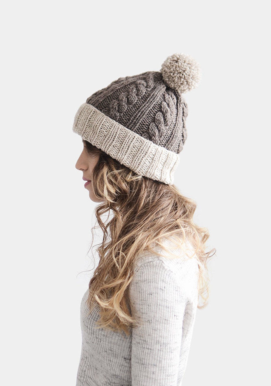 Customized Beanie, Color Block Beanie in Light Ecru and Light Brown ...