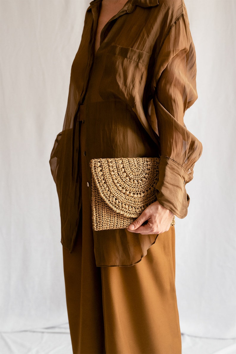 Crochet Raffia Clutch in Tan, Straw Summer Bag, Raffia Clutch Handbag ...
