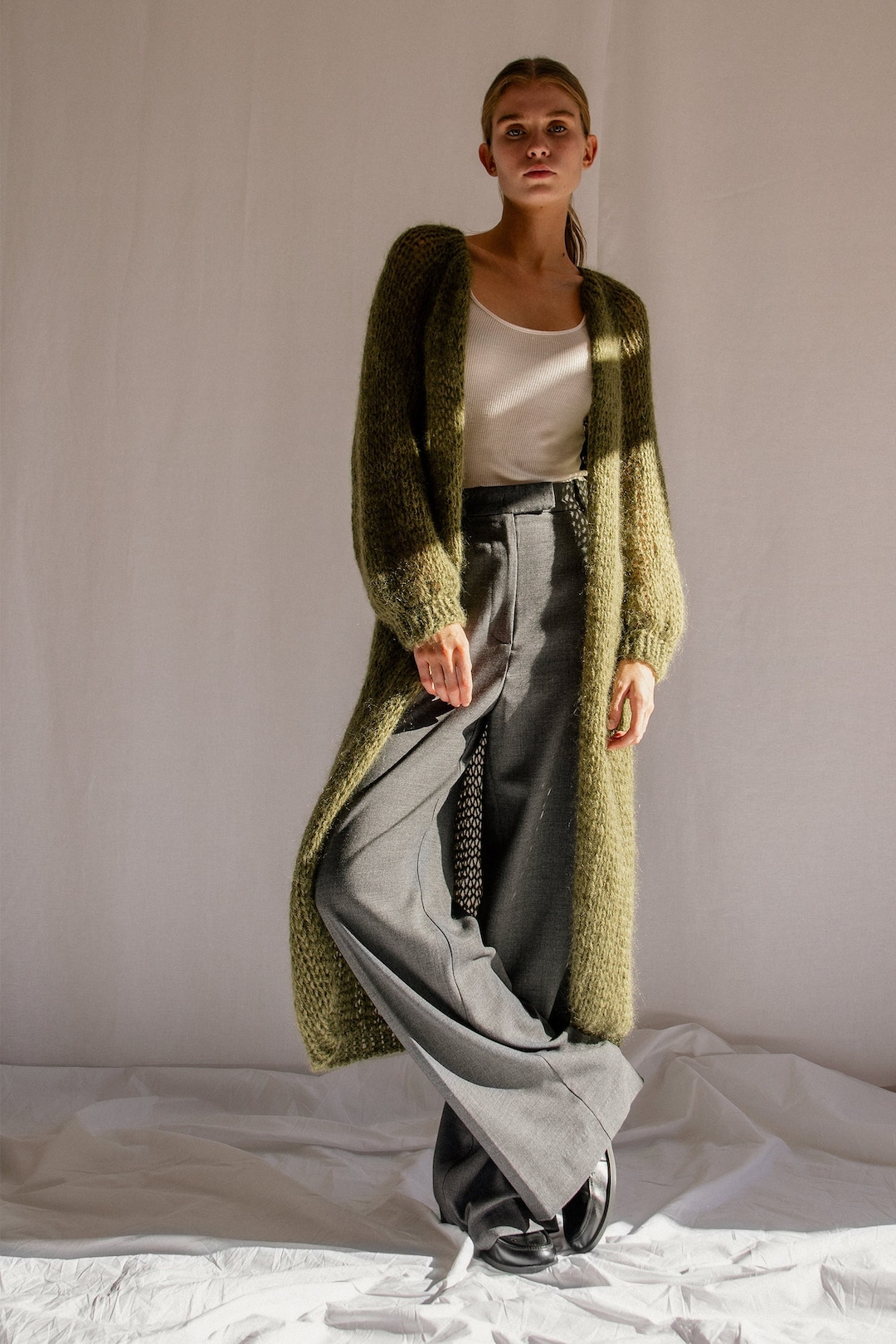 Airy Mohair Coat — Hand Knit Long Cardigan, Raglan Balloon Sleeves ...