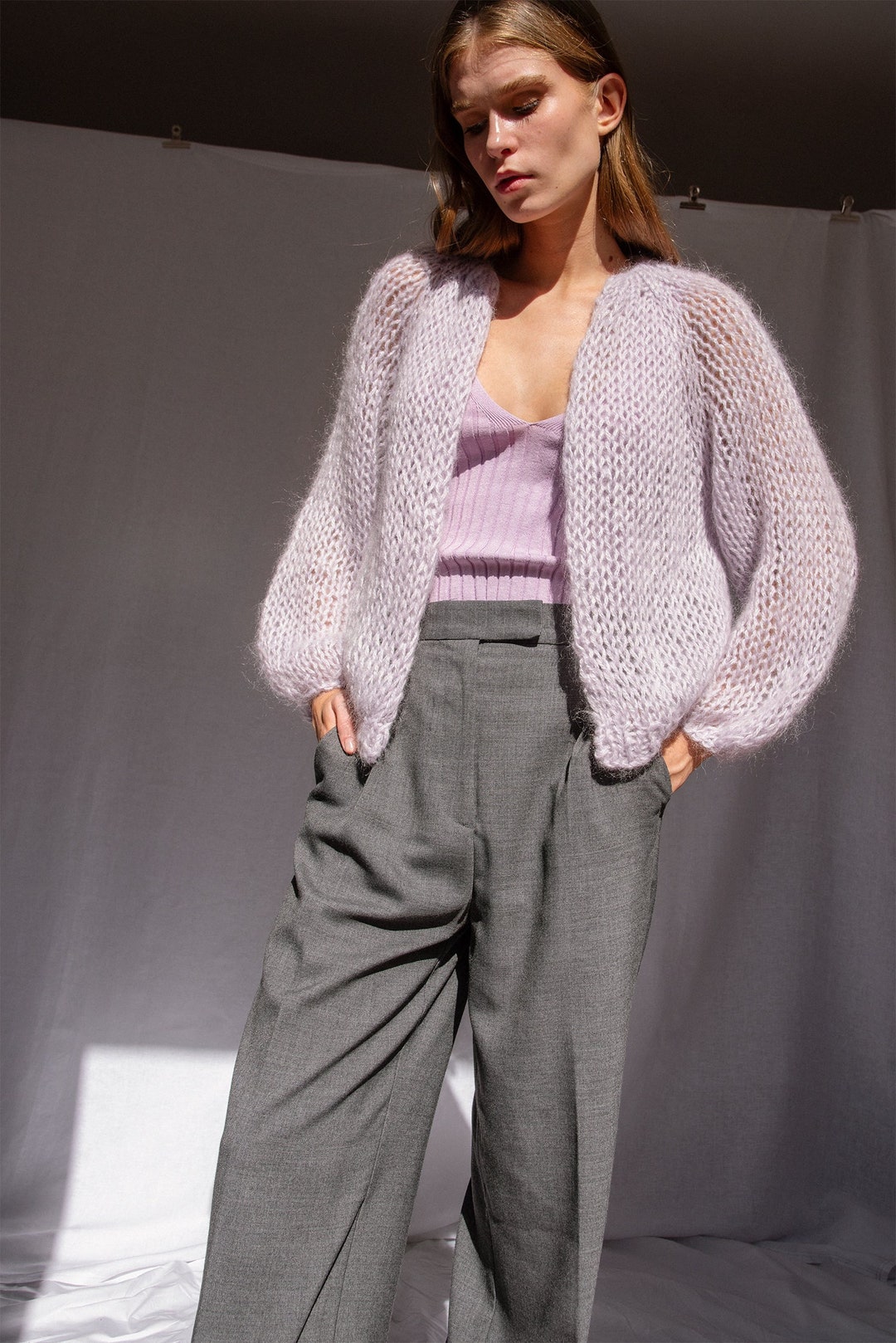 Airy Mohair Bomber in Feather Hand Knit Mohair Cardigan, Raglan Balloon ...