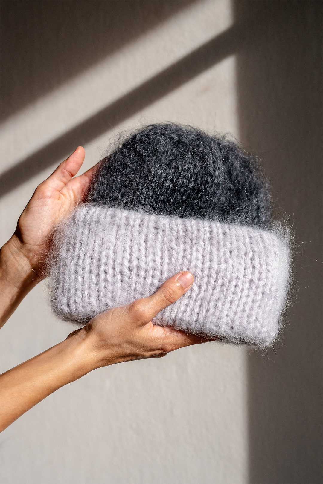 Chunky Mohair Beanie, Womens Winter Knit Hat, Color Block Grey Knit Hat ...