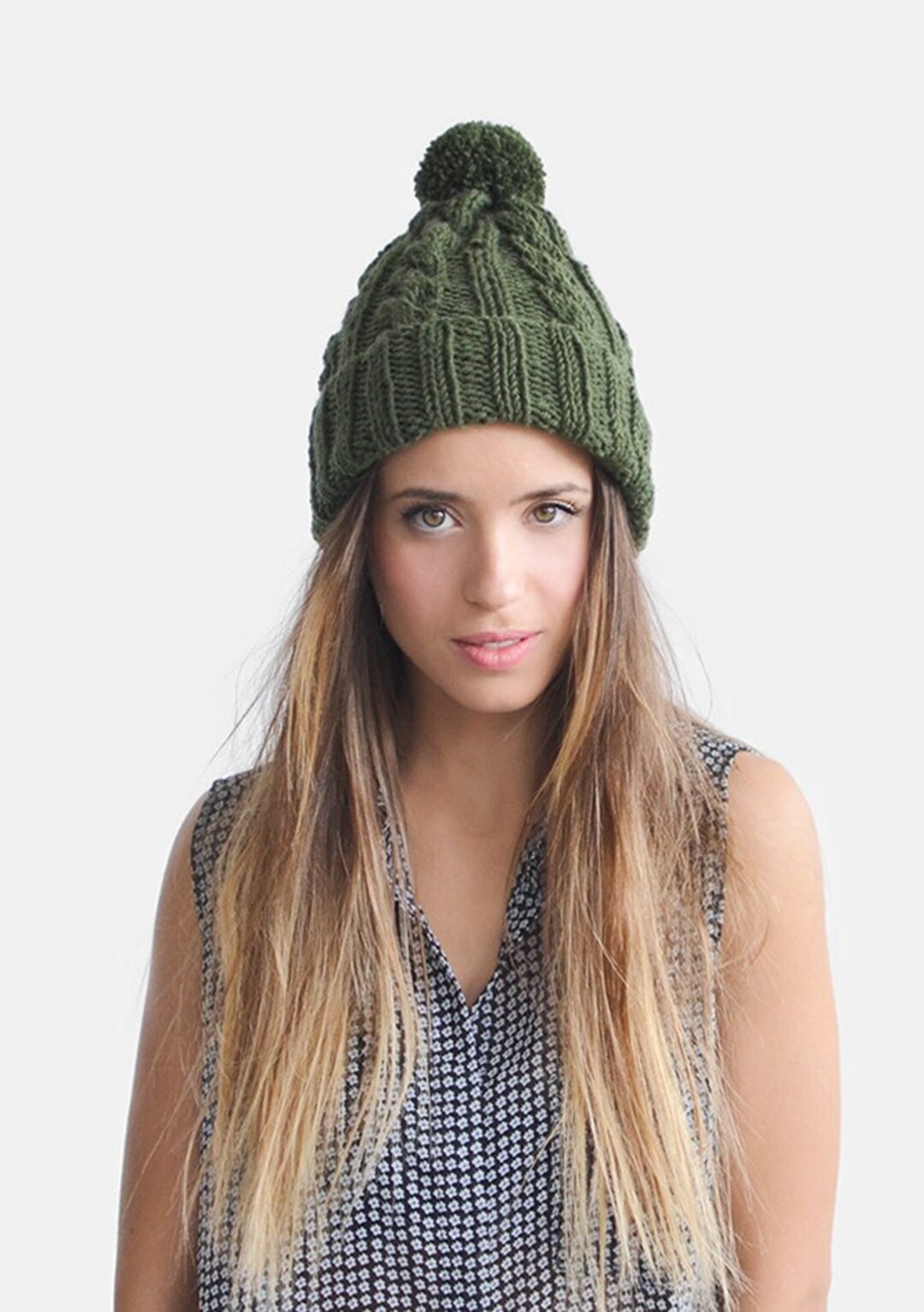 Hand Knit Hat in Deep Green, Khaki Green Beanie, Womens Winter Hat ...