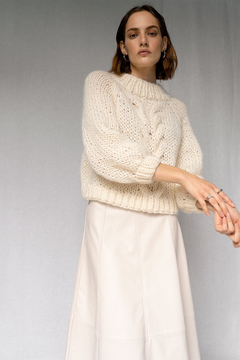 Chunky Braid Sweater in Cloud — Hand Knit Mohair Cropped Pullover ...