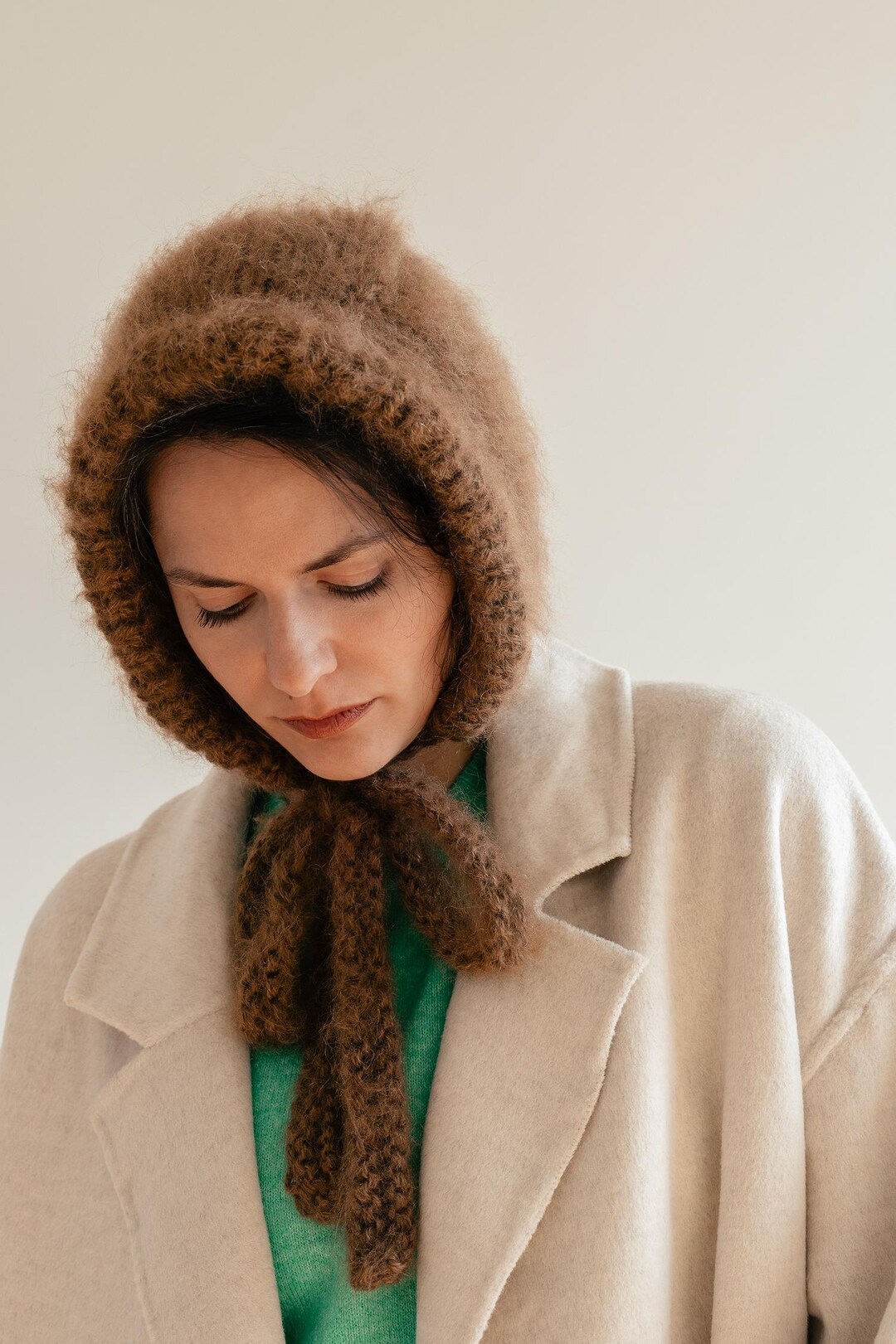 Chunky Mohair Bonnet, Adult Womens Knit Bonnet, Bow Tie Bonnet With ...