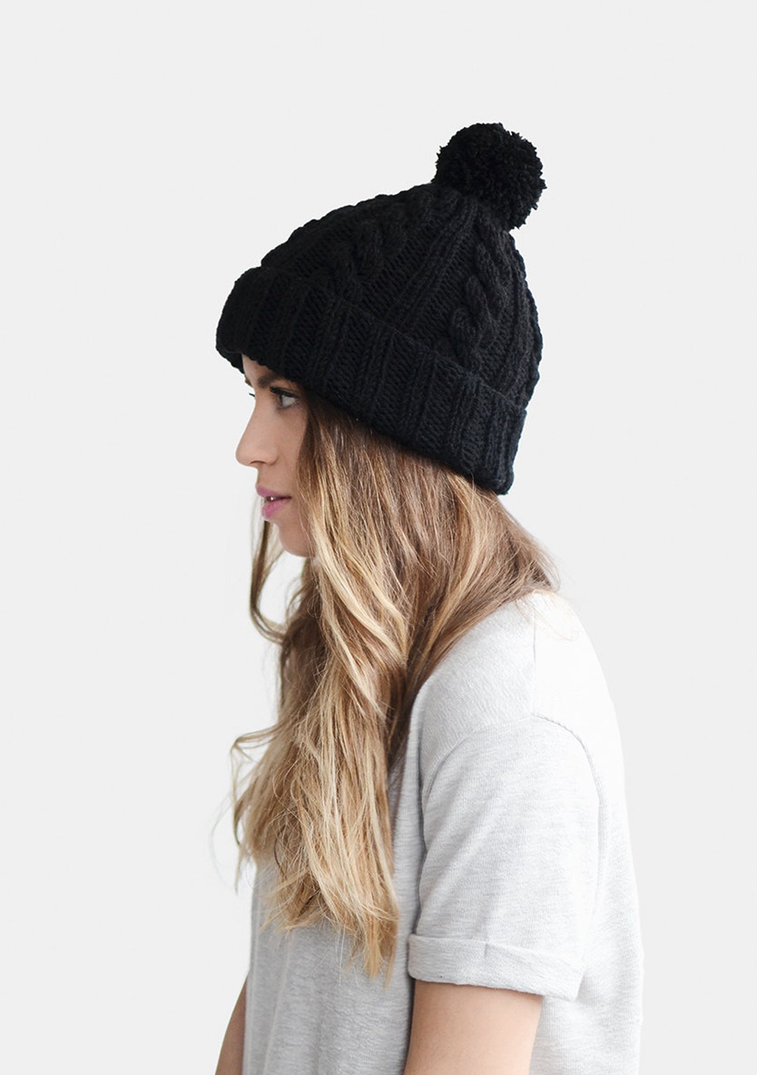 Hand Knit Beanie in Black, Cable Knit Womens Winter Hat With Pom Pom ...